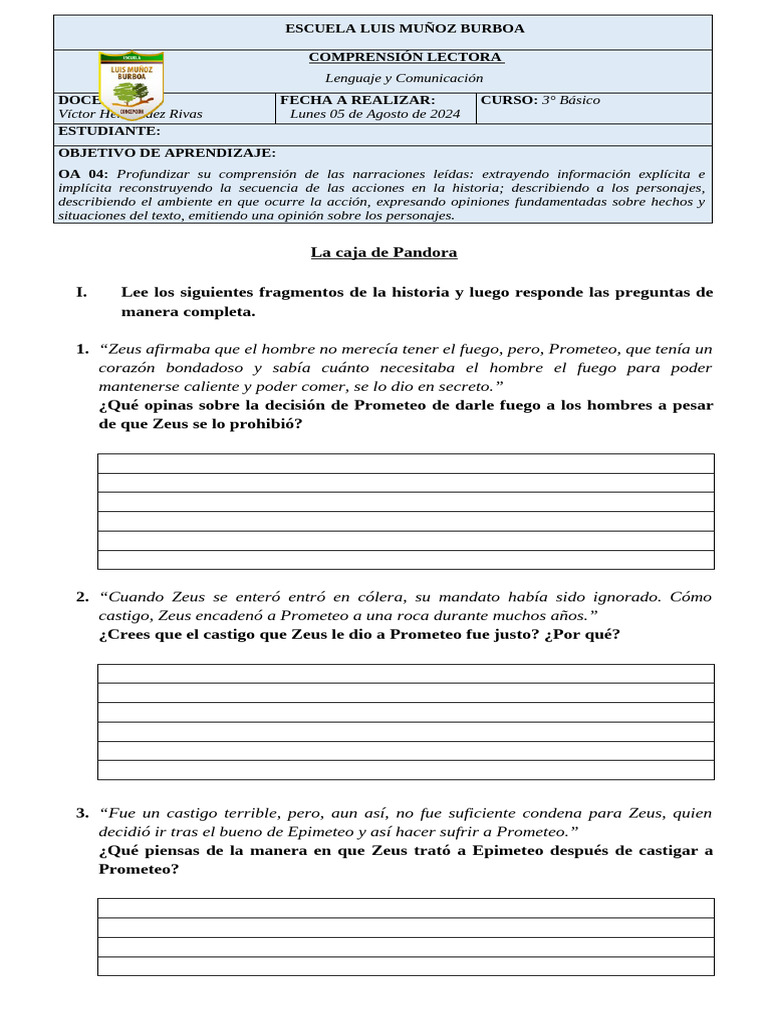 Comprensión Lectora: La Caja de Pandora | PDF | Prometeo