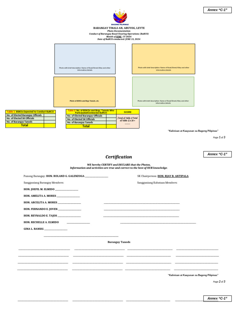 Annex C-1_Photo Documentation _Barangay BaRCO Monthly Monitoring Report Template with BSKO ...