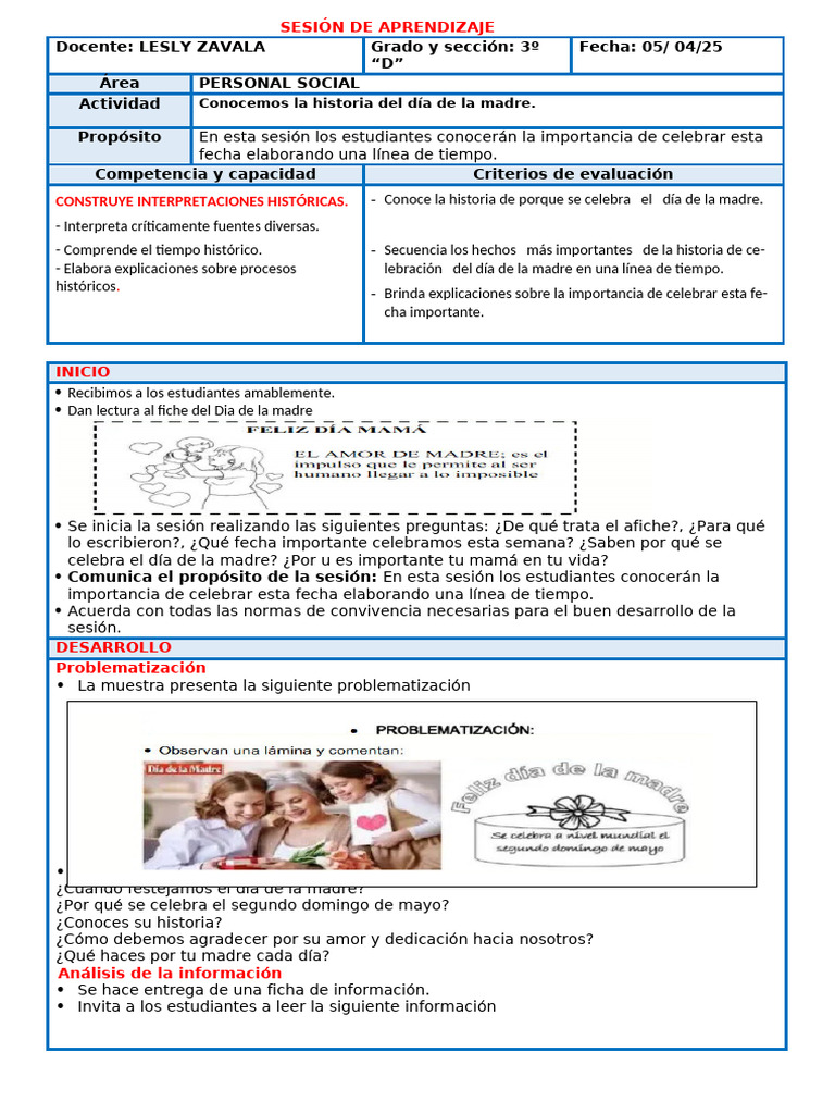 Sesion Conocemos La Historia Del Día de La Madre. | PDF | Aprendizaje ...