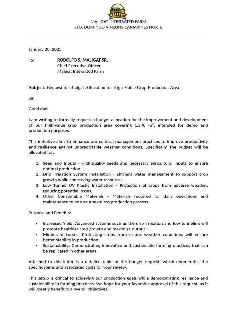 Request For Budget Allocation For High-Value Crop Production Area ...