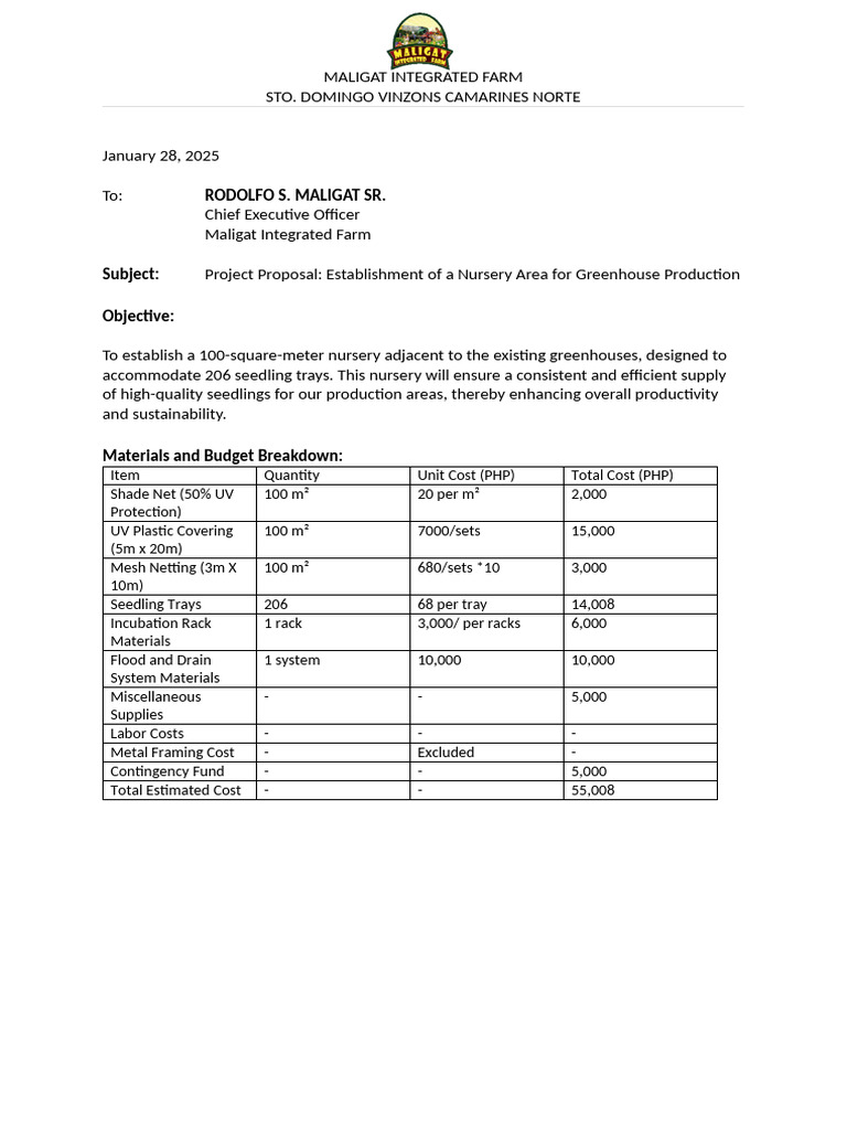 Nursery Proposal for Maligat Farm | PDF | Plant Nursery | Greenhouse
