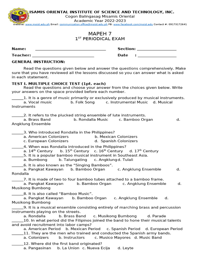 Mapeh 7 1ST Periodical Exam | PDF | Musical Instruments | Music Technology