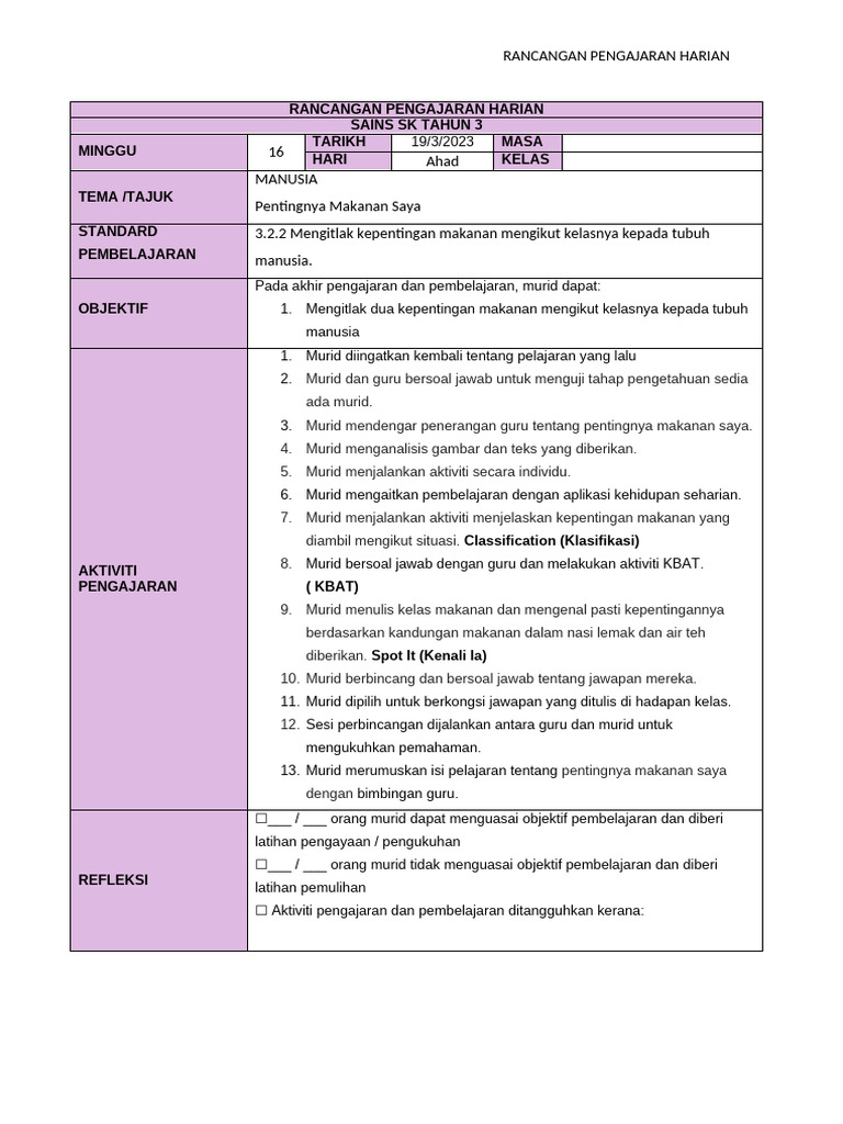RPH Ringkas Minggu 16 Sains SK THN 3 by Cikgu Gorgeous | PDF