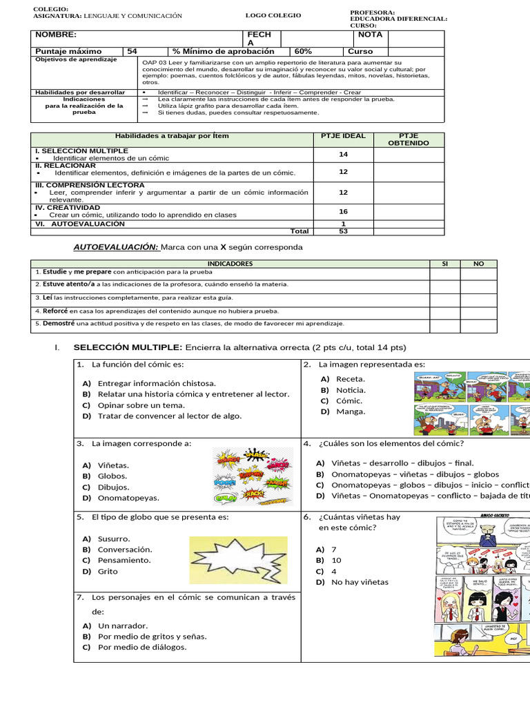 Evaluación de Cómics en Lenguaje Infantil | PDF | Cómics