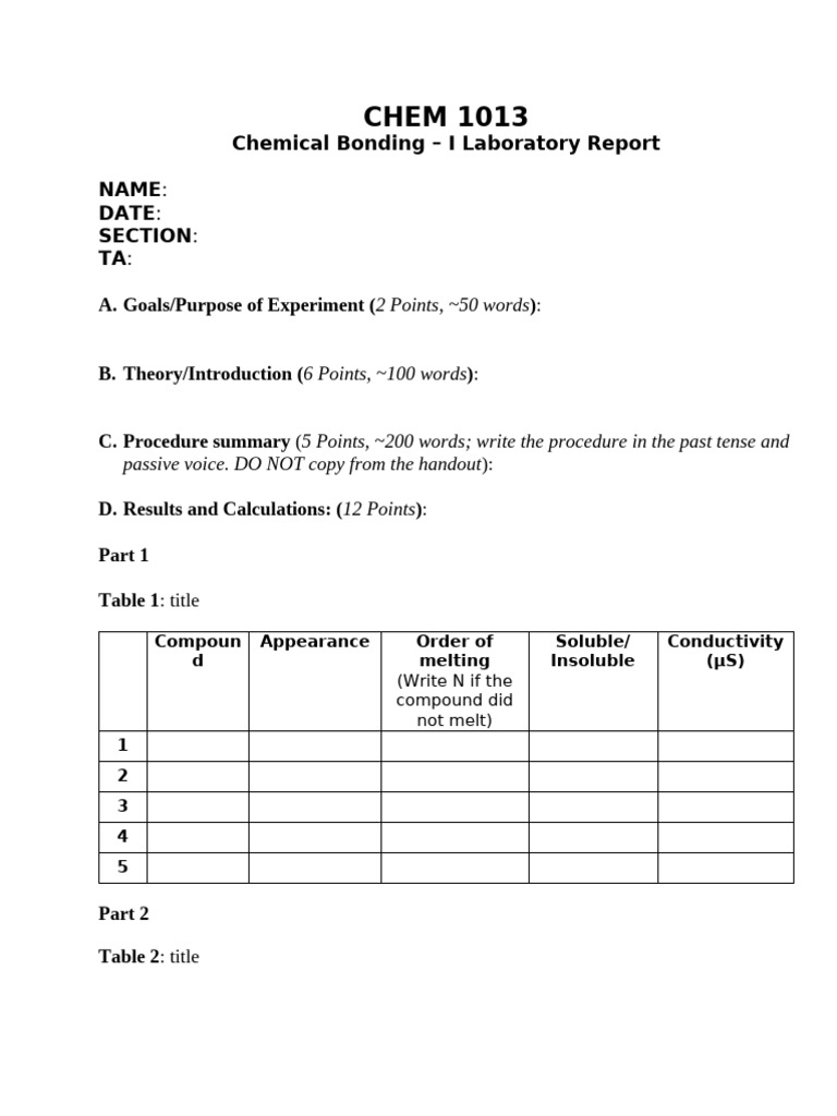 Chemical Bonding 1 Lab Report TEMPLATE | PDF