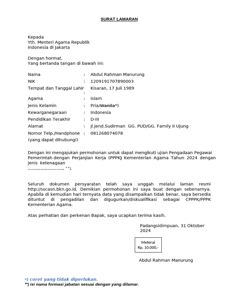 Surat Lamaran Dan Pernyataan | PDF