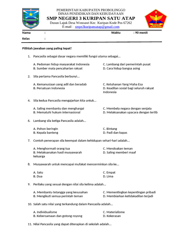 A123 Psts 1 PP - Kelas 7 - SMPN 3 Kuripan Satap - 2025 | PDF