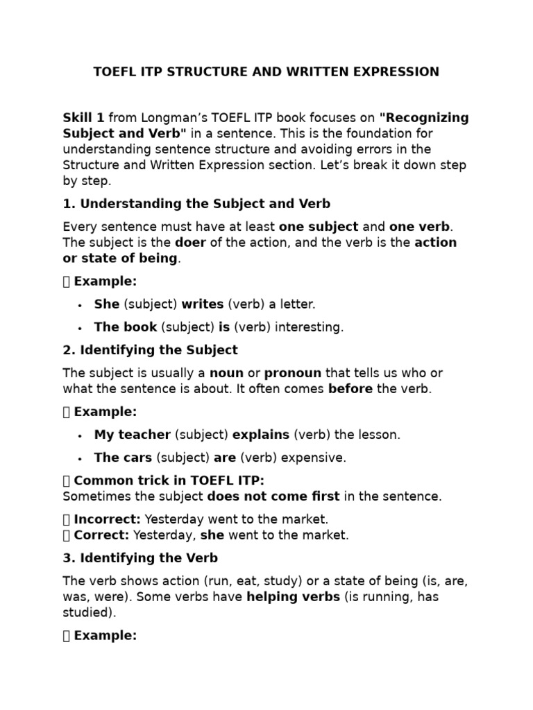 TOEFL Itp Structure and Written Expression | PDF | Subject (Grammar) | Verb
