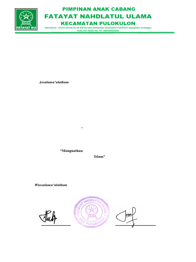 Undangan Pelantikan Fatayat NU Pulokulon | PDF