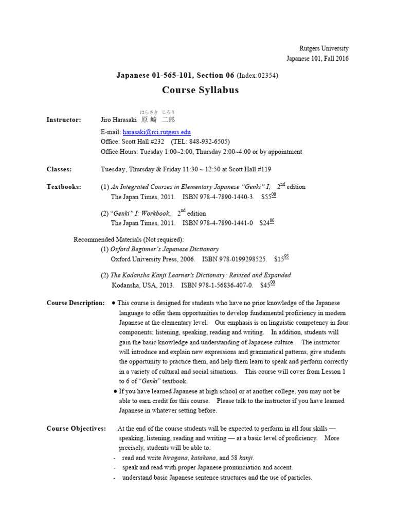 JPN 101 06 Syllabus 2016 | PDF | Japanese Language | Learning