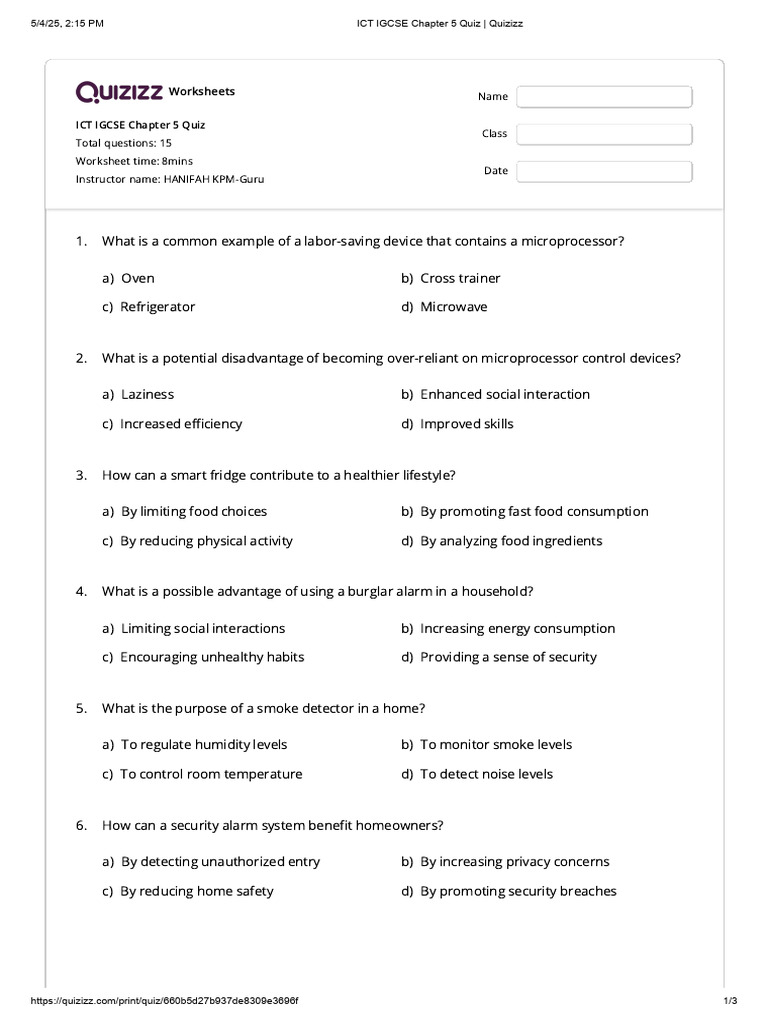ICT IGCSE Chapter 5 Quiz - Quizizz | PDF | Security Alarm | Computer ...