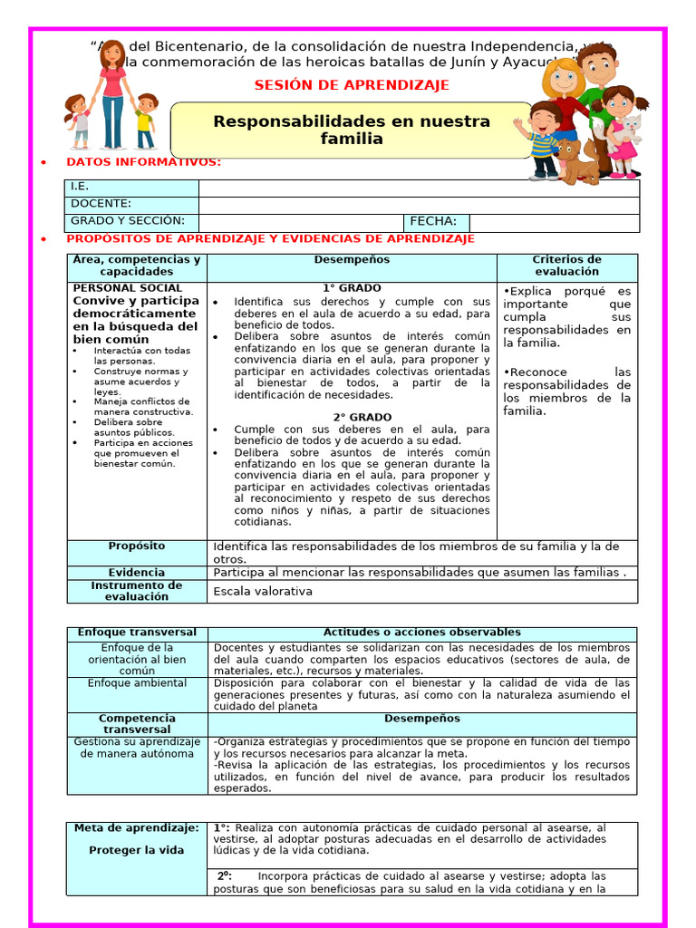 U3 S2 Sesion D1 PS Responsabilidades en Nuestra Familia | PDF | Aprendizaje | Salón de clases
