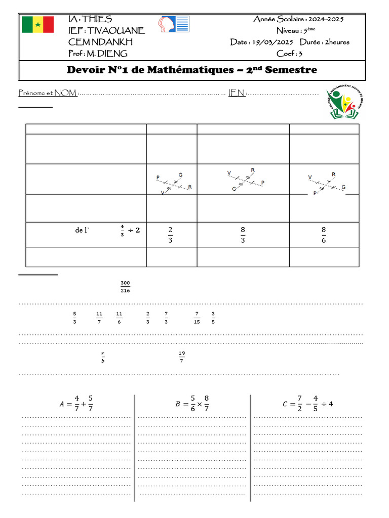 DEVOIR N°3 MATHS 5e - Mars 2025 | PDF