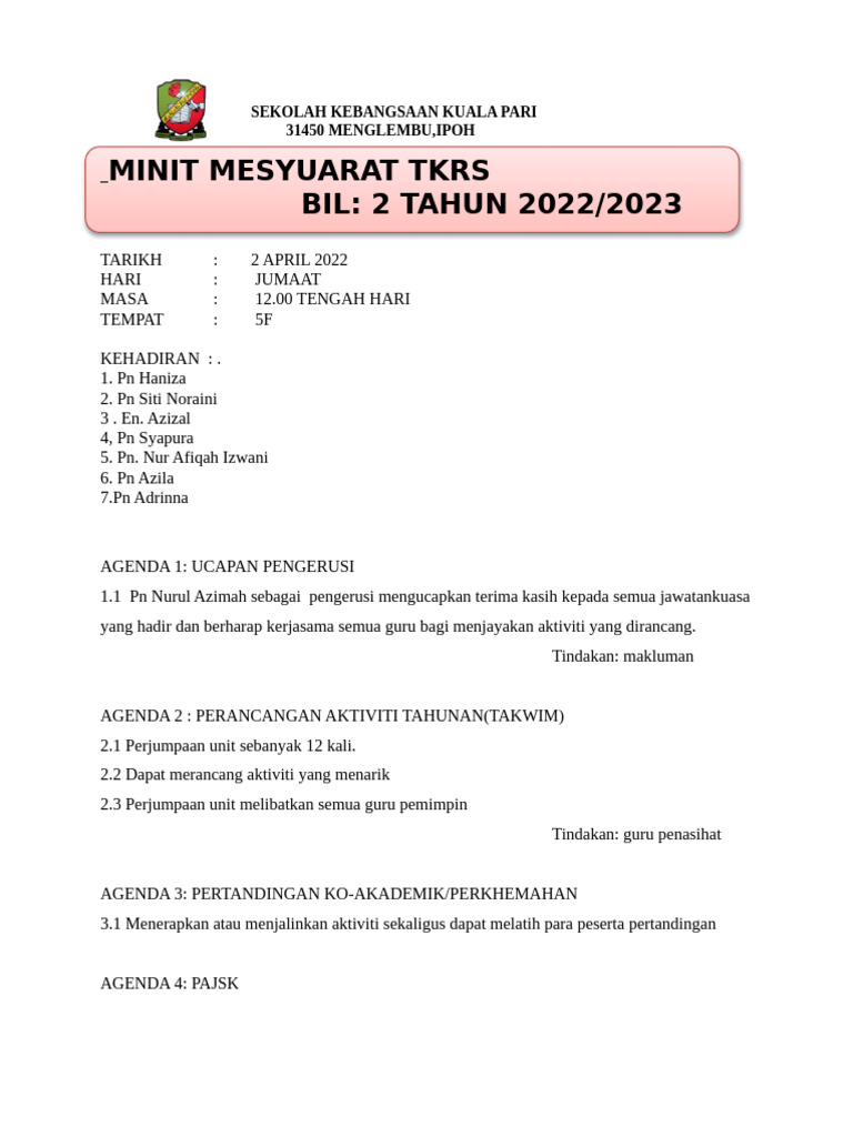 Contoh Minit Mesyuarat Unit PBB | PDF