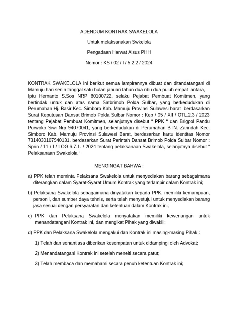 Adendum Kontrak Swakelola 2024 | PDF