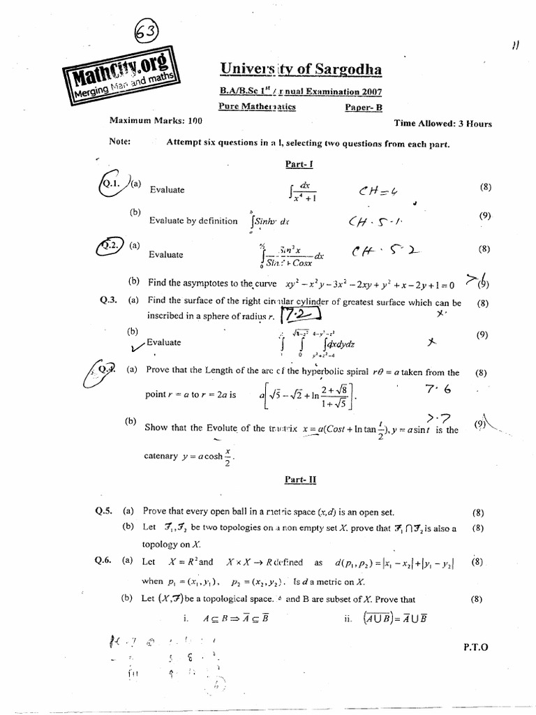 Math Course A Paper B 2007 Uos BSC | PDF | Geometry | Topology