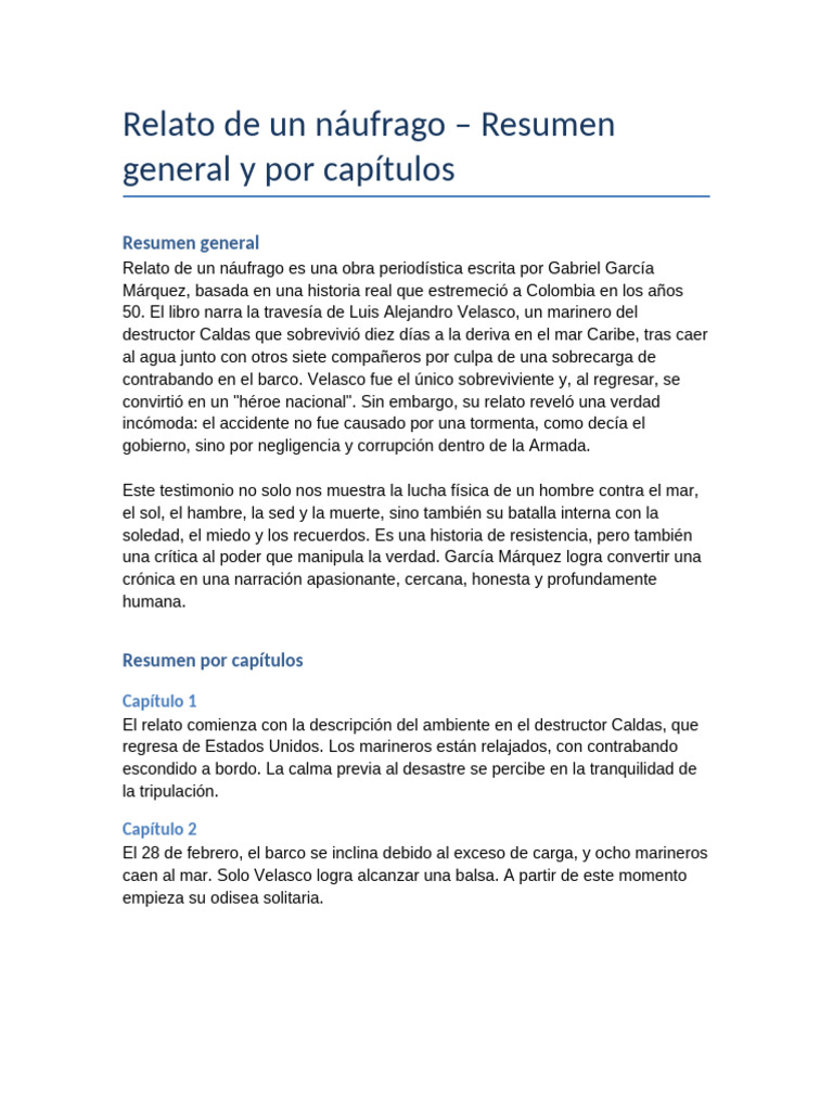 Relato de Un Naufrago Resumen | PDF