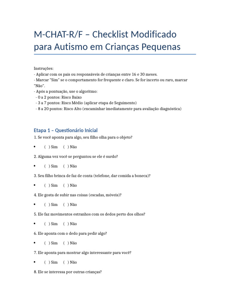 Checklist M-CHAT-R/F para Autismo Infantil | PDF