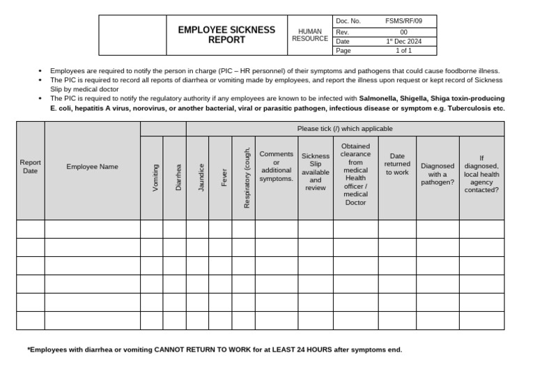Employee Sickness Reporting Guidelines | PDF | Pathogen | Diarrhea