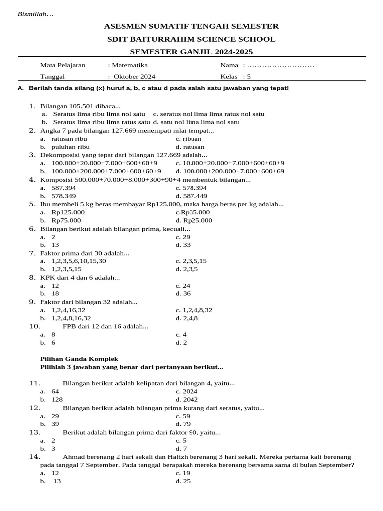 PTS Matematika Kelas 5 Tahun 2024 | PDF