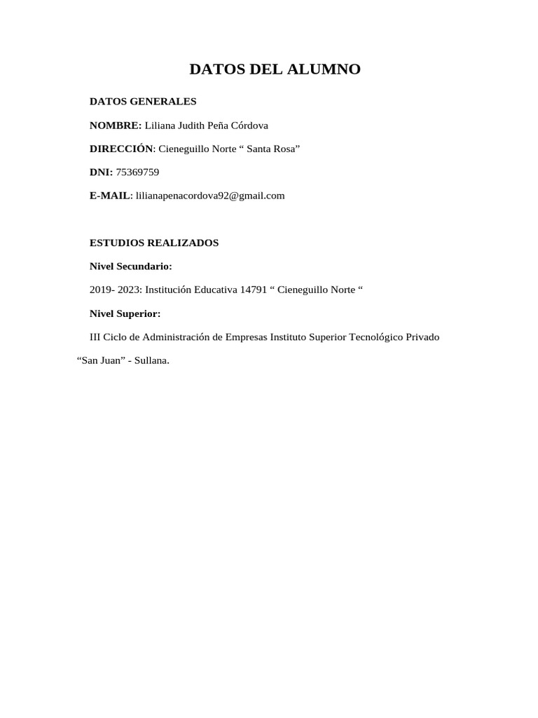 Datos Académicos de Liliana Peña | PDF