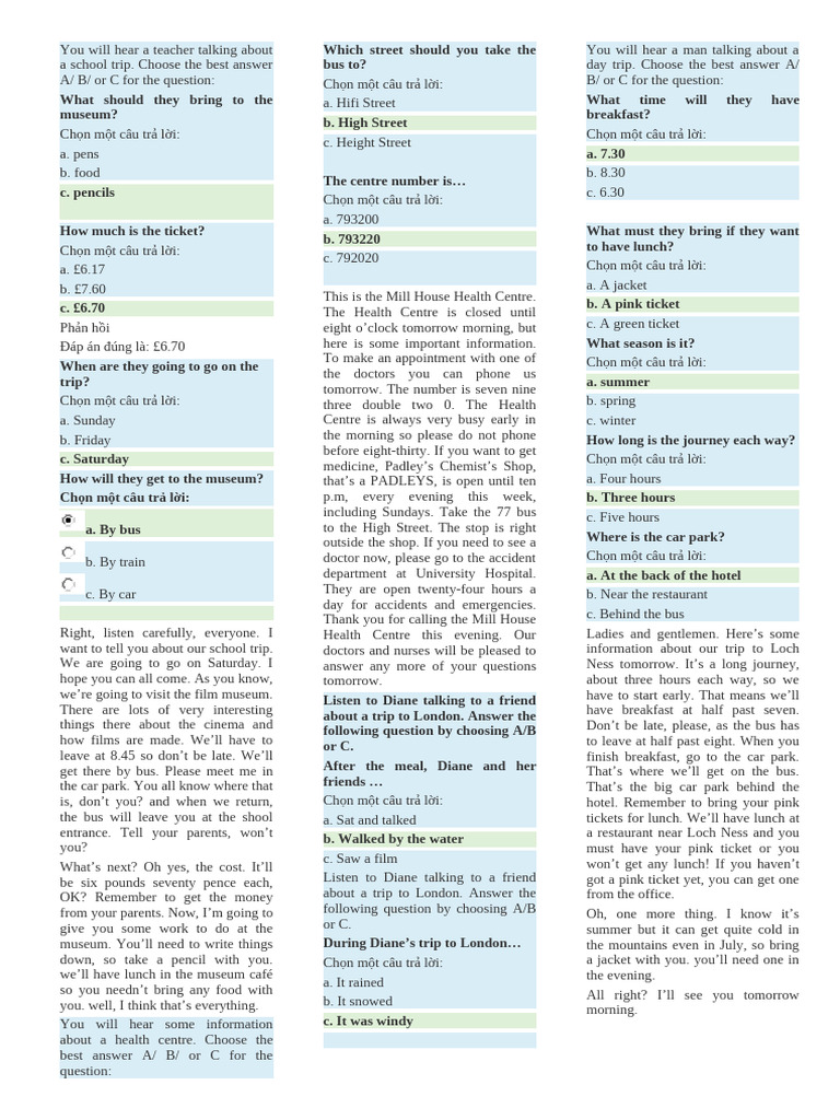 20240421 - Đáp án môn nghe tiếng anh 2 - ehou - EN22.074 | PDF