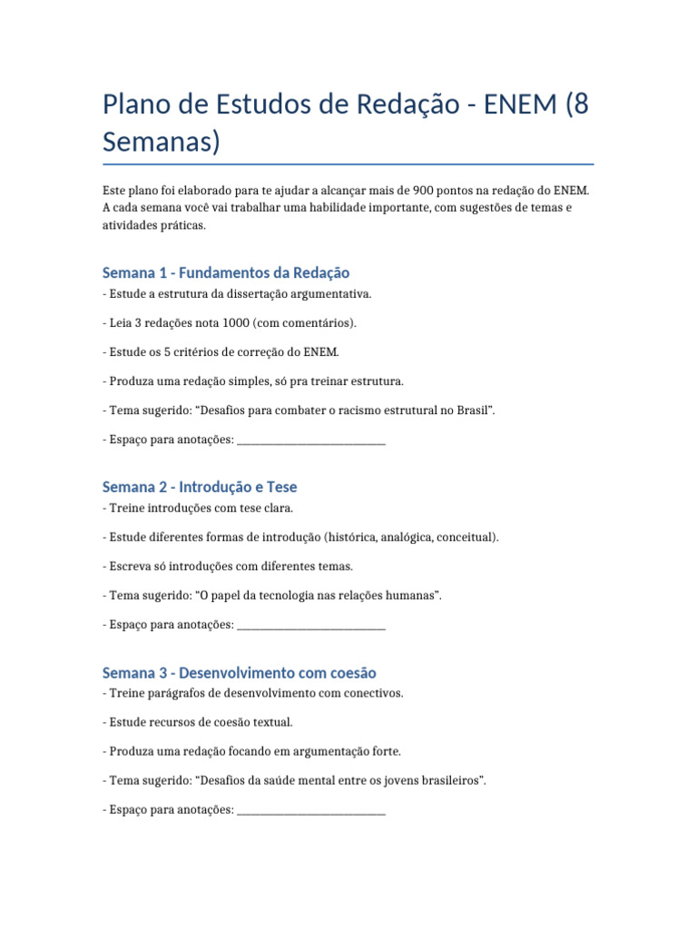 Plano De Redação Para O Enem Pdf
