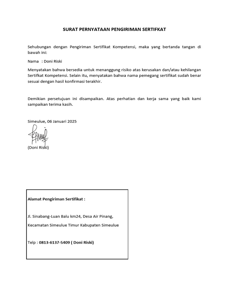 Surat Pernyataan Pengiriman Sertifkat | PDF