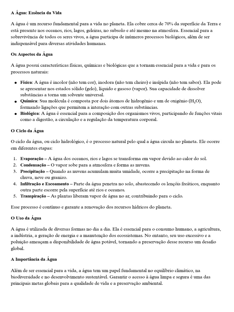 Água: Essencial para Vida e Sustentabilidade | PDF | Água | Ciclo da água