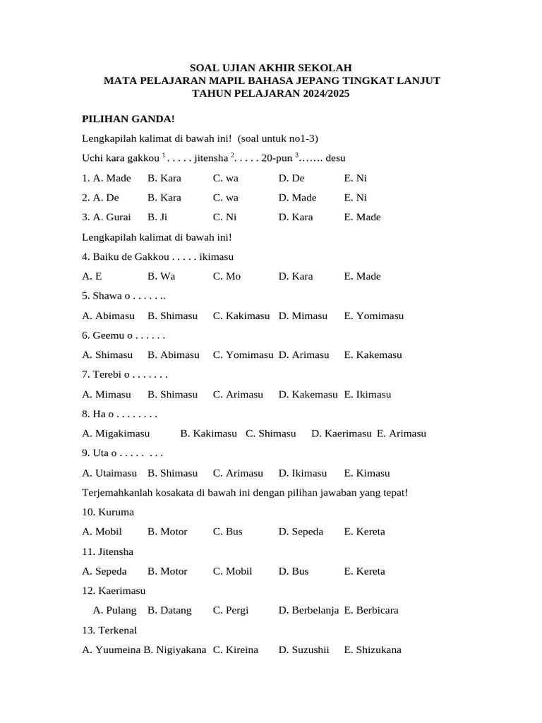Soal Utama Mapil Bahasa Jepang Tingkat Lanjut_103223 | PDF