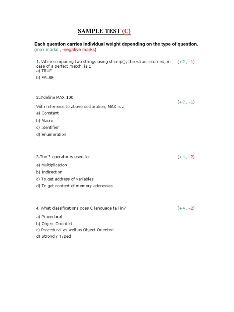 Sample Test : Each Question Carries Individual Weight Depending On The ...