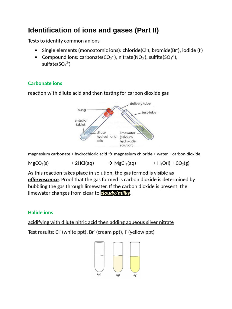 Identification of Ions and Gases (Part II) | PDF | Acid | Chloride