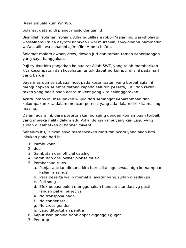 MC Lomba Nyanyi: Pembukaan Acara | PDF