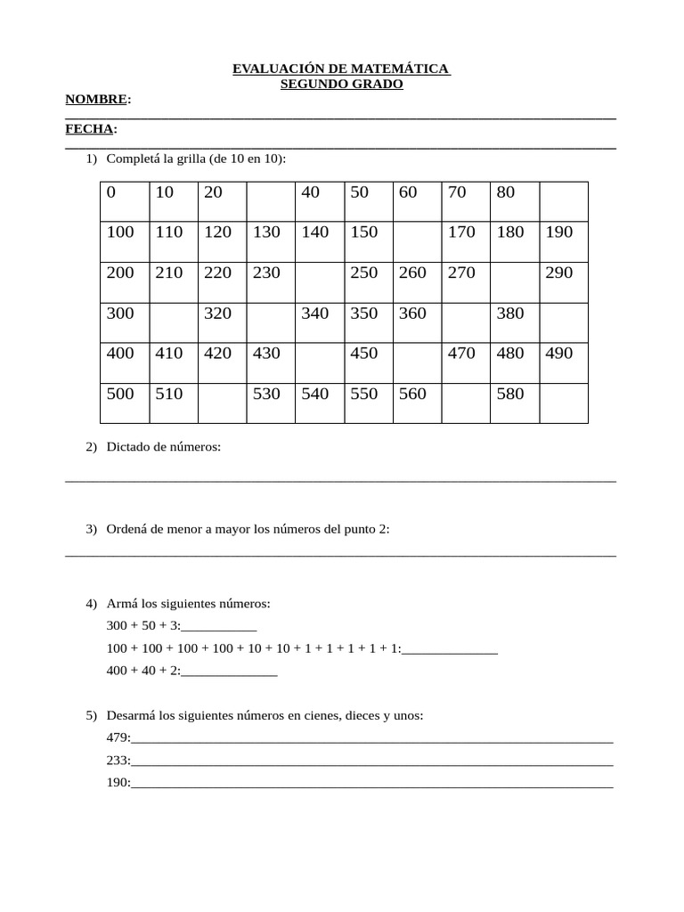 Evaluación de Matemática Segundo Grado | PDF
