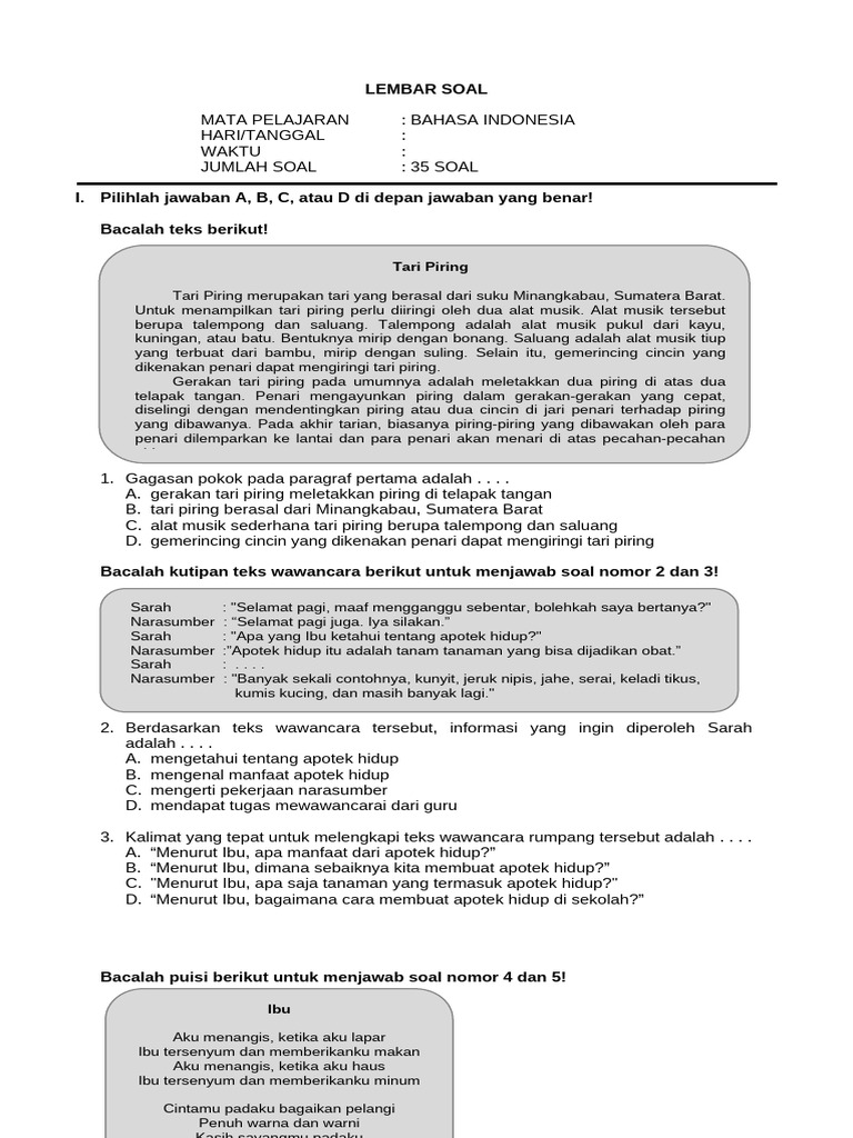 LATIHAN SOAL BAHASA INDONESIA KELAS 6 SEMESTER 2 | PDF