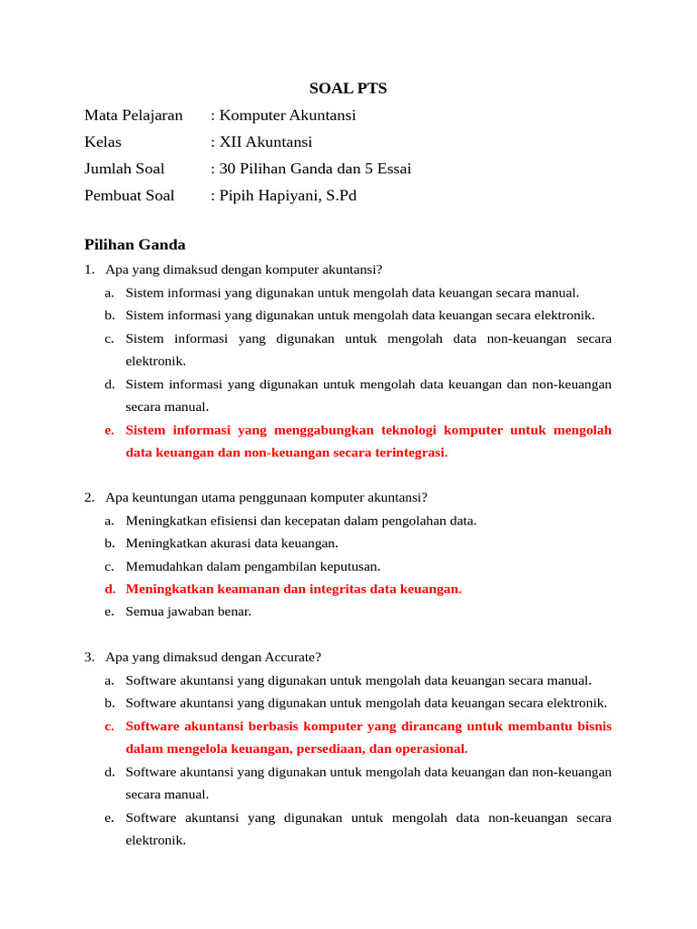 Soal PTS Komputer Akuntansi - Kelas Xii | PDF