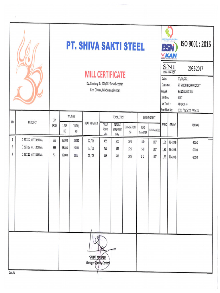 Mill Certificate - PT. Shiva Sakti | PDF