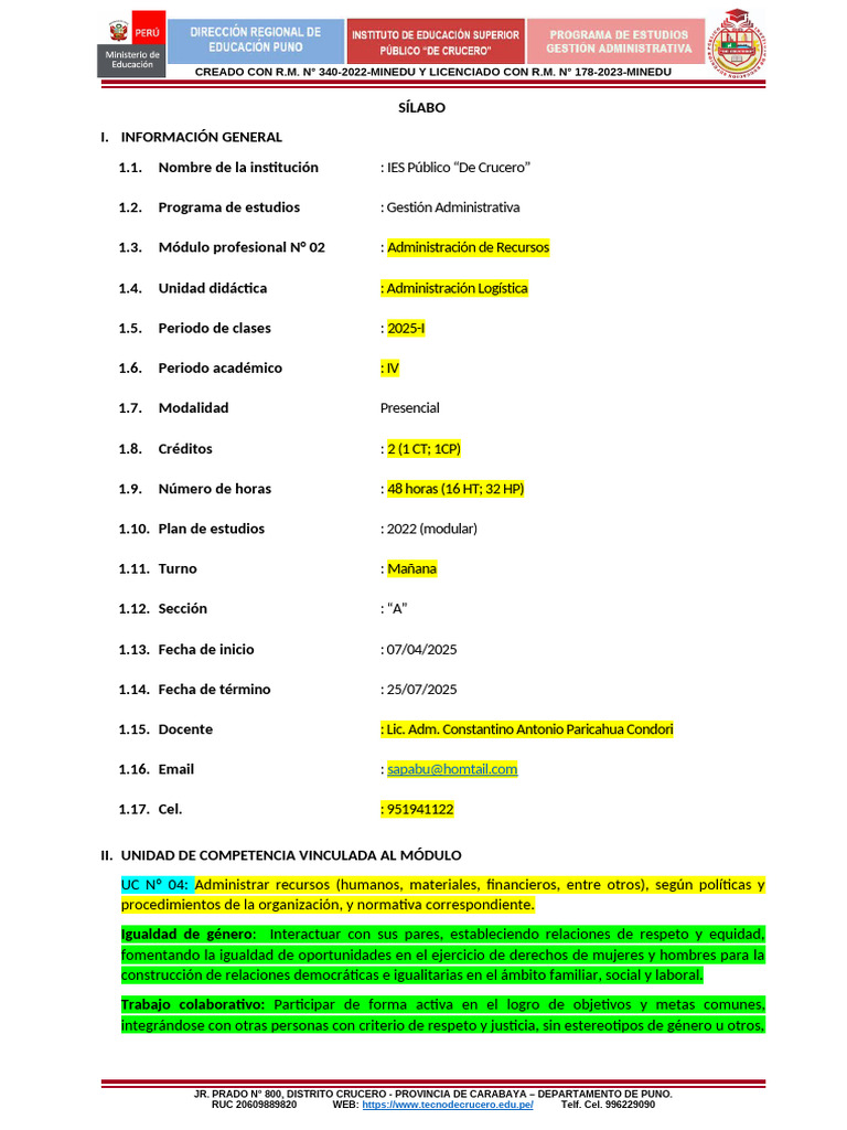 Modelo SI - GA - 2025 - CT0211 - Silabo - Nombre Del Curso | PDF | Logística | Planificación