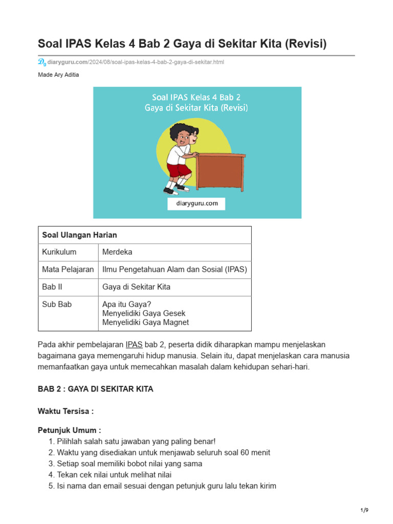 Soal IPAS Kelas 4 Bab 2 Gaya Di Sekitar Kita Revisi | PDF | Olahraga & Rekreasi