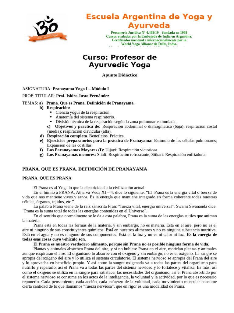 Apunte Pranayama - Módulo I | PDF | Respiración | Pulmón