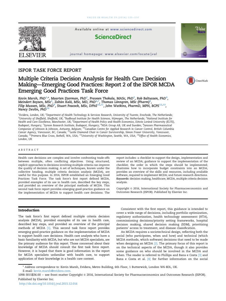 Multiple Criteria Decision Analysis For Health Care Decision | PDF