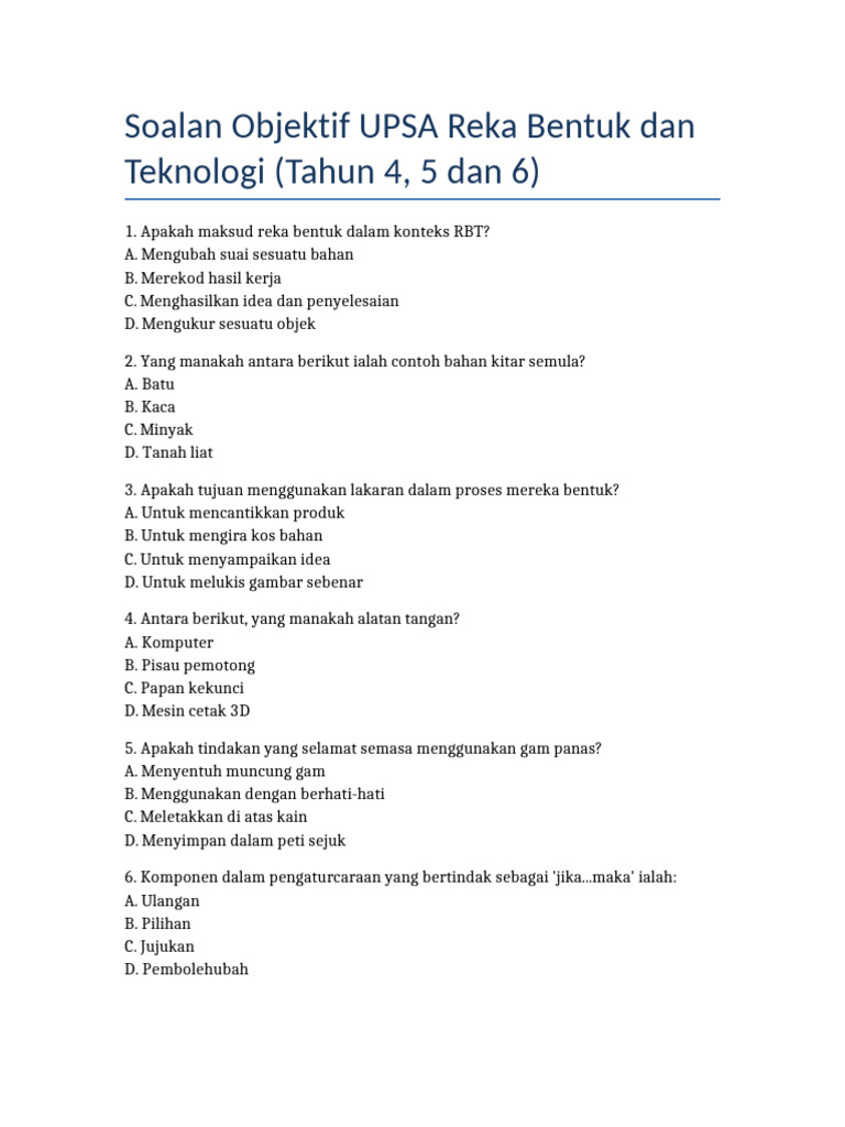 Soalan 40 Objektif UPSA RBT Tahun 4 5 6 | PDF