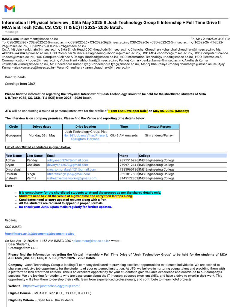Gmail - Information II Physical Interview, 05th May 2025 II Josh ...