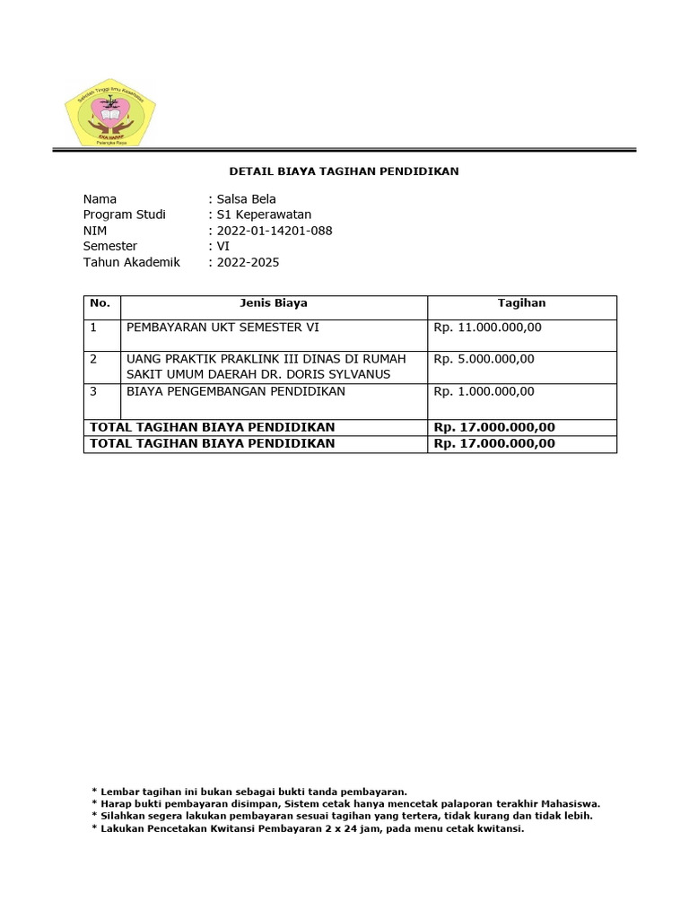 Detail Pembayaran Tagihan Pendidikan - s1 Keperawatan | PDF