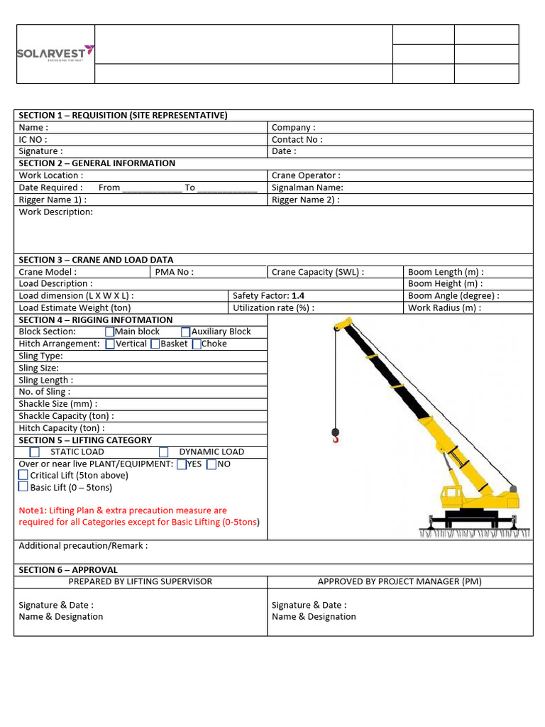 LP-Lifting Plan Form | PDF | Crane (Machine) | Mechanical Engineering