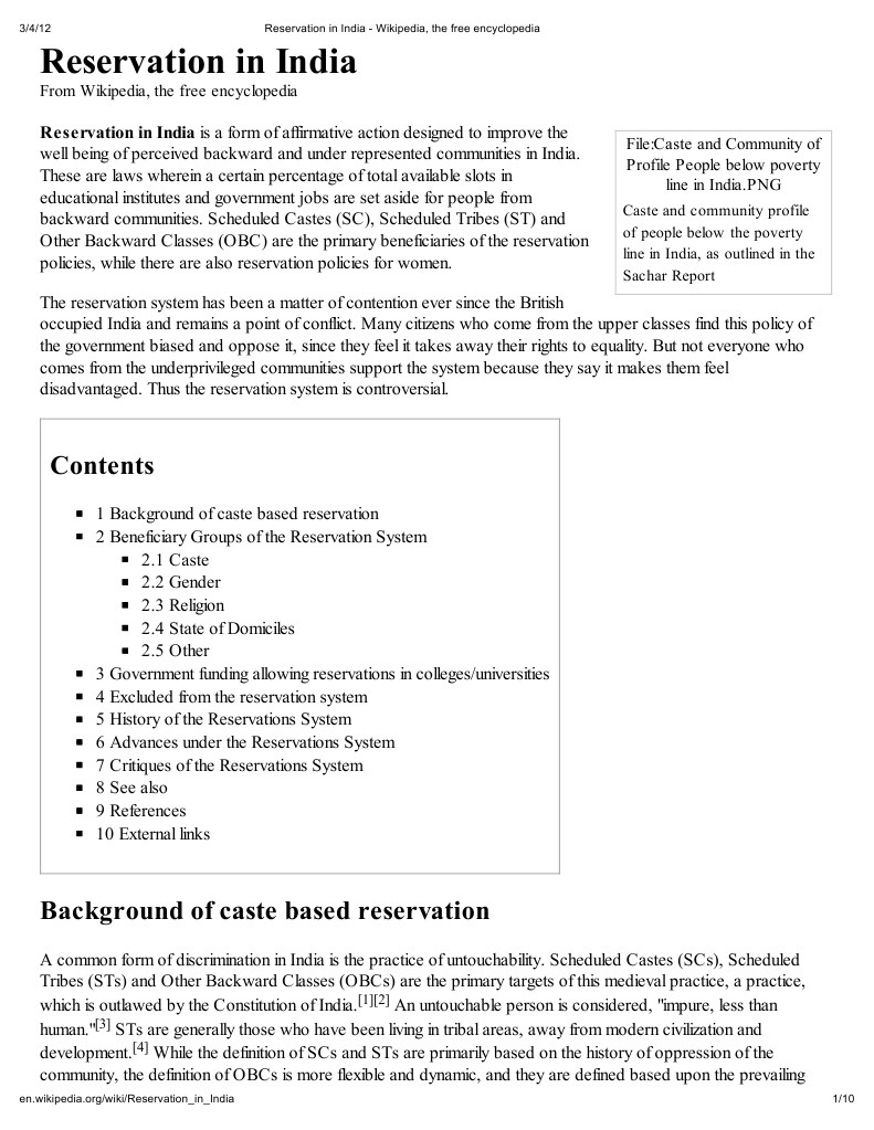 Reservation in India - Wikipedia, The Free Encyclopedia | PDF ...