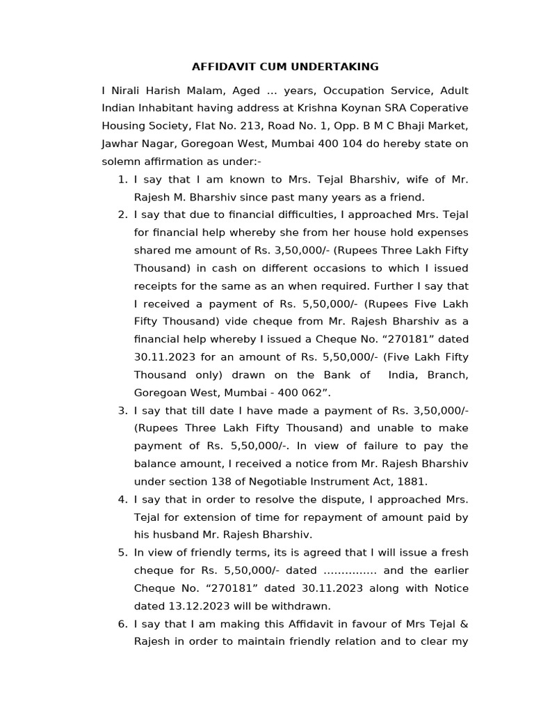 Affidavit Cum Undertaking | PDF