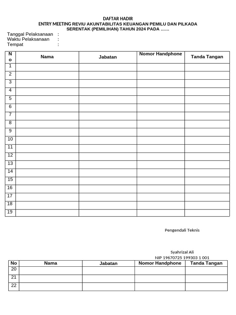 Daftar Hadir Entry Meeting Pemilu 2024 | PDF