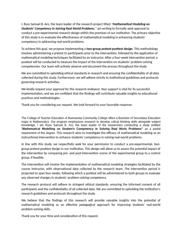 Draft Letter For Pre Experimental | PDF | Methodology | Cognition