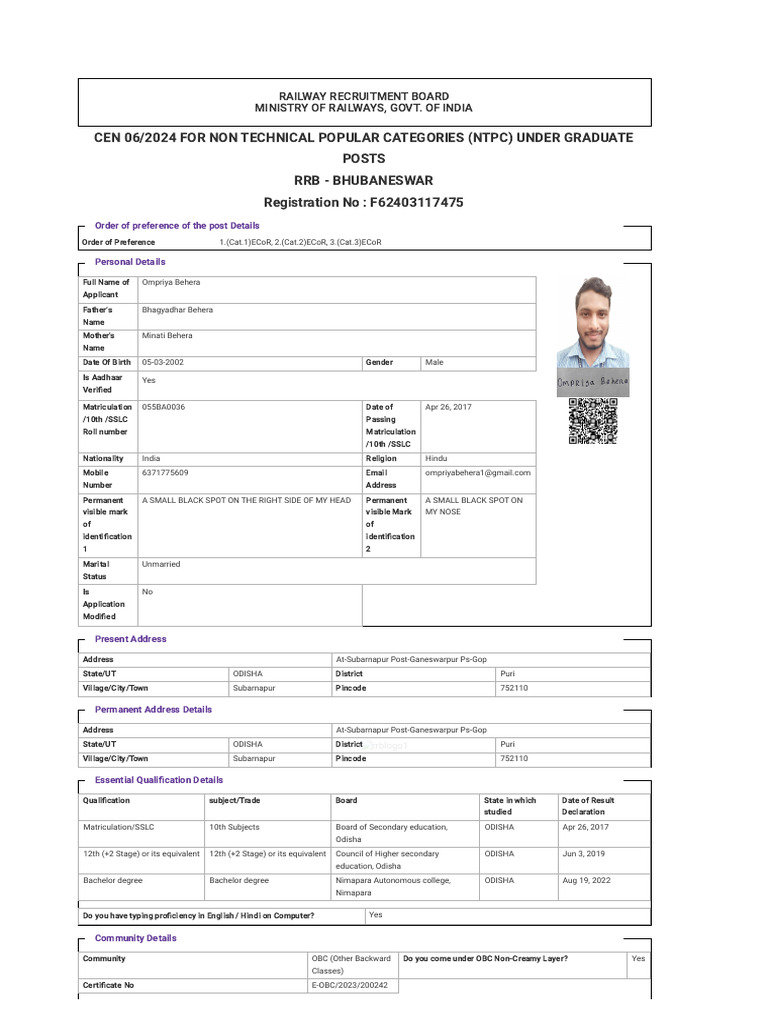 RRB NTPC Under Graduate Application Form | PDF